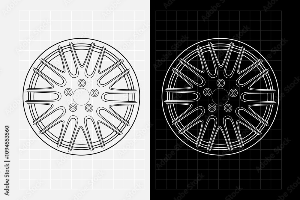 Car Rims Outline Wheels Vector Image Line Art Stock Vector | Adobe Stock