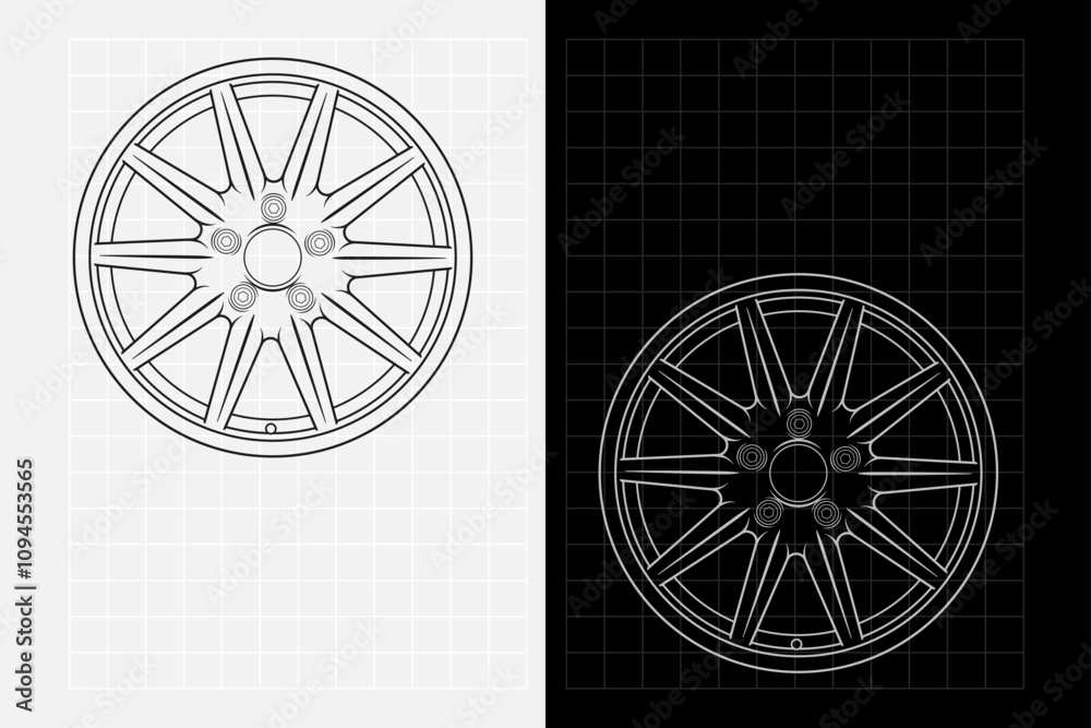 Car Rims Outline Wheels Vector Image Line Art Stock Vector | Adobe Stock