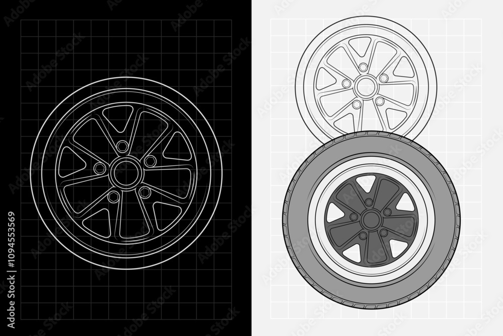 Car Rims Outline Wheels Vector Image Line Art Stock Vector | Adobe Stock