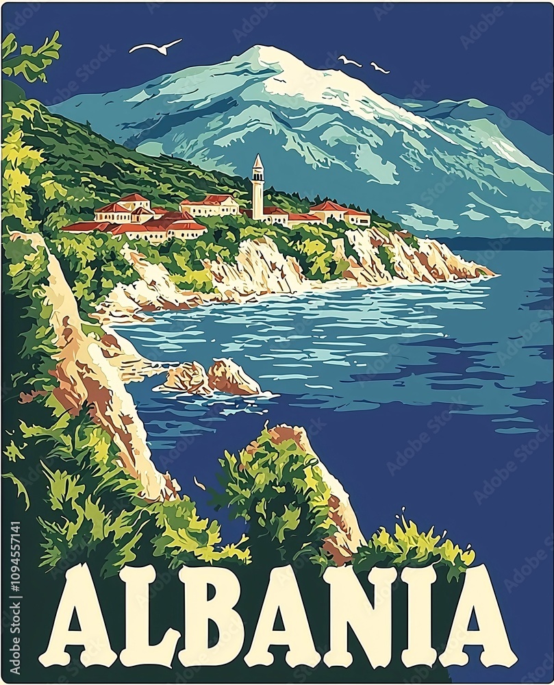 A vibrant poster of Albania highlighting its stunning landscapes, from ...