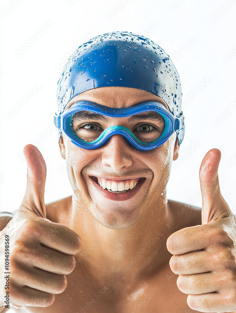 Smiling swimmer in swim cap and goggles showing thumbs up with excited ...