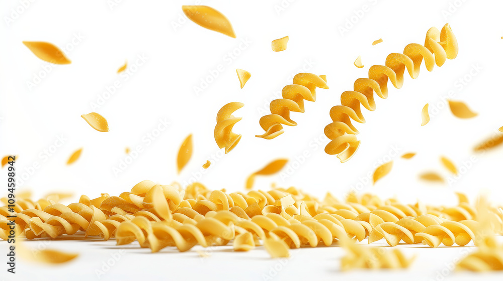 Spiral pasta falling in motion creates dynamic scene, showcasing ...