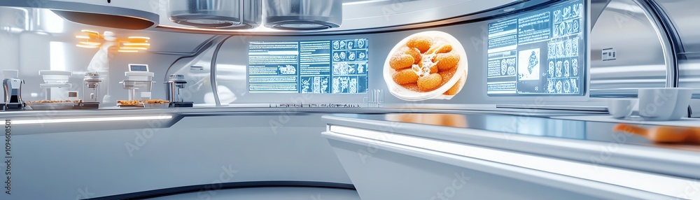 Futuristic food court with digital menu boards and sleek design. Modern ...