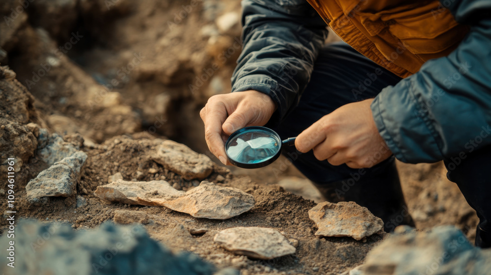 archaeologist examines ancient stones with magnifying glass, showcasing ...