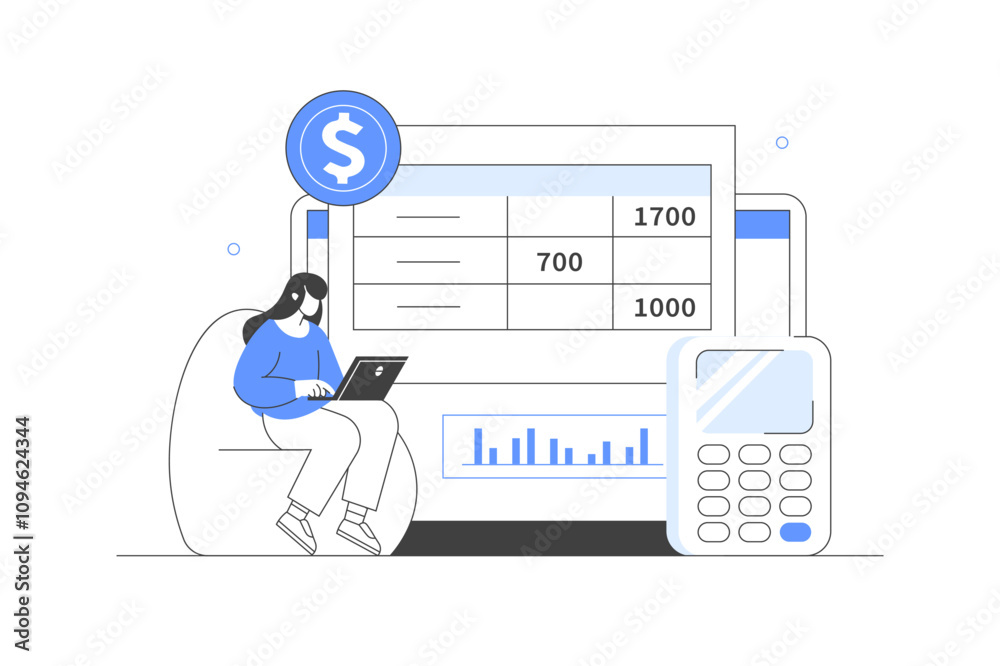 Financial report, management. Character analyzing charts, balance sheet ...