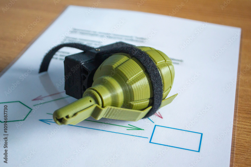 Prototype model of grenade ammunition printed on 3D printer. Small ...
