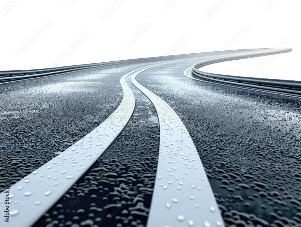 Curved wet road with reflective markings isolated on transparent ...
