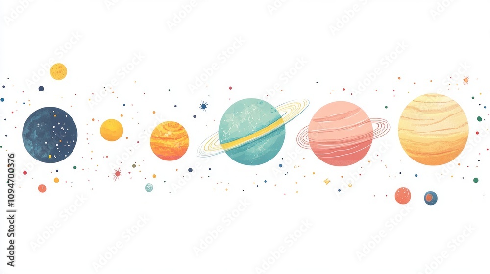 Illustration of the solar system with each planet labeled, white ...