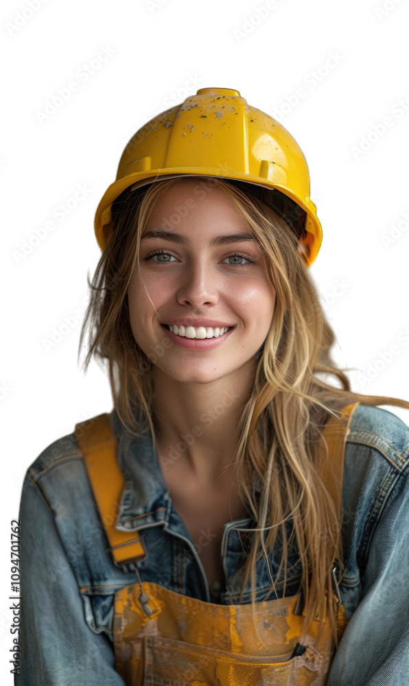 Smiling young female construction worker wearing yellow hard hat and denim overalls isolated on ...