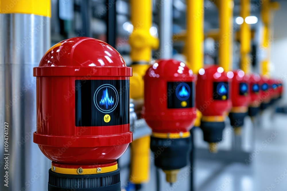 Fire alarm control and detection concept. Close-up of modern red ...