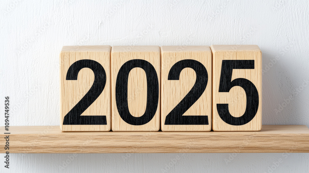 Wooden cubes displaying year 2025 on shelf, symbolizing future planning and optimism. clean and ...