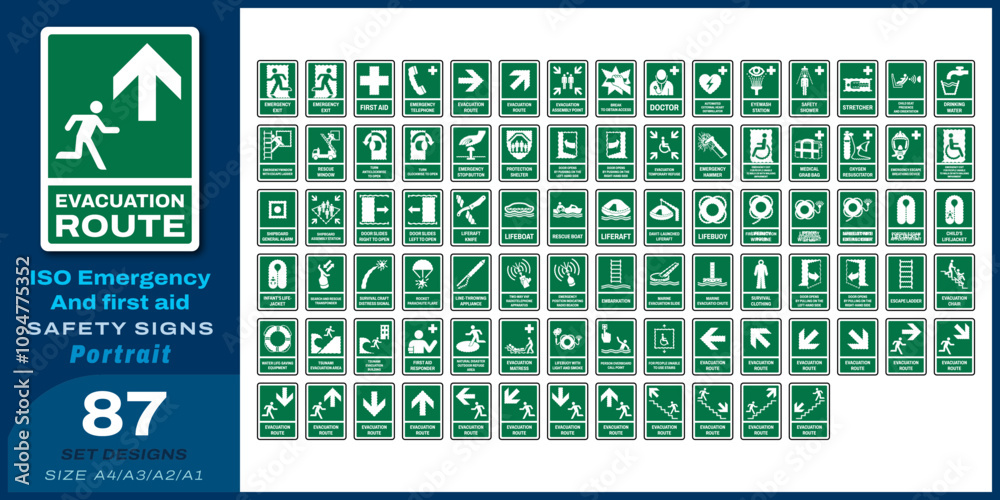 87 set iso emergency and first aid safety signs v77_evacuation route ...