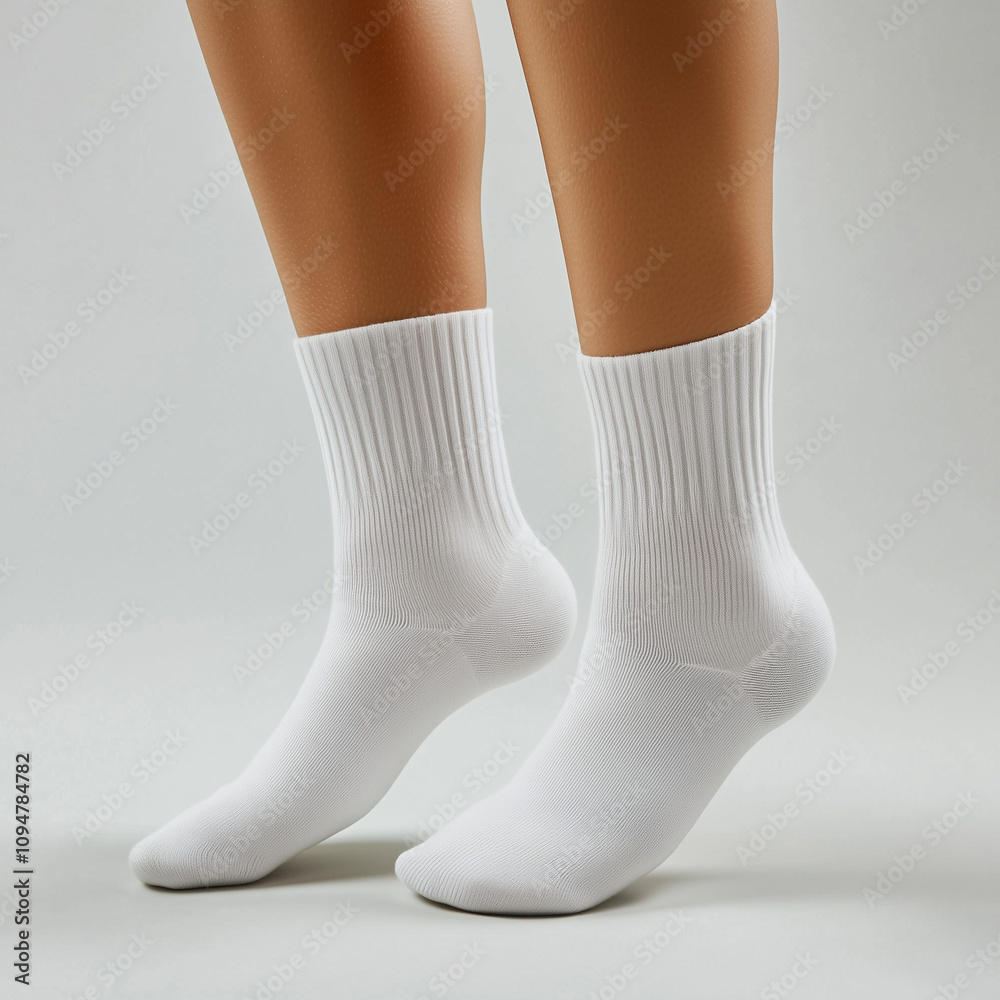 Mockup of plain white cotton socks worn by model's feet, white ...