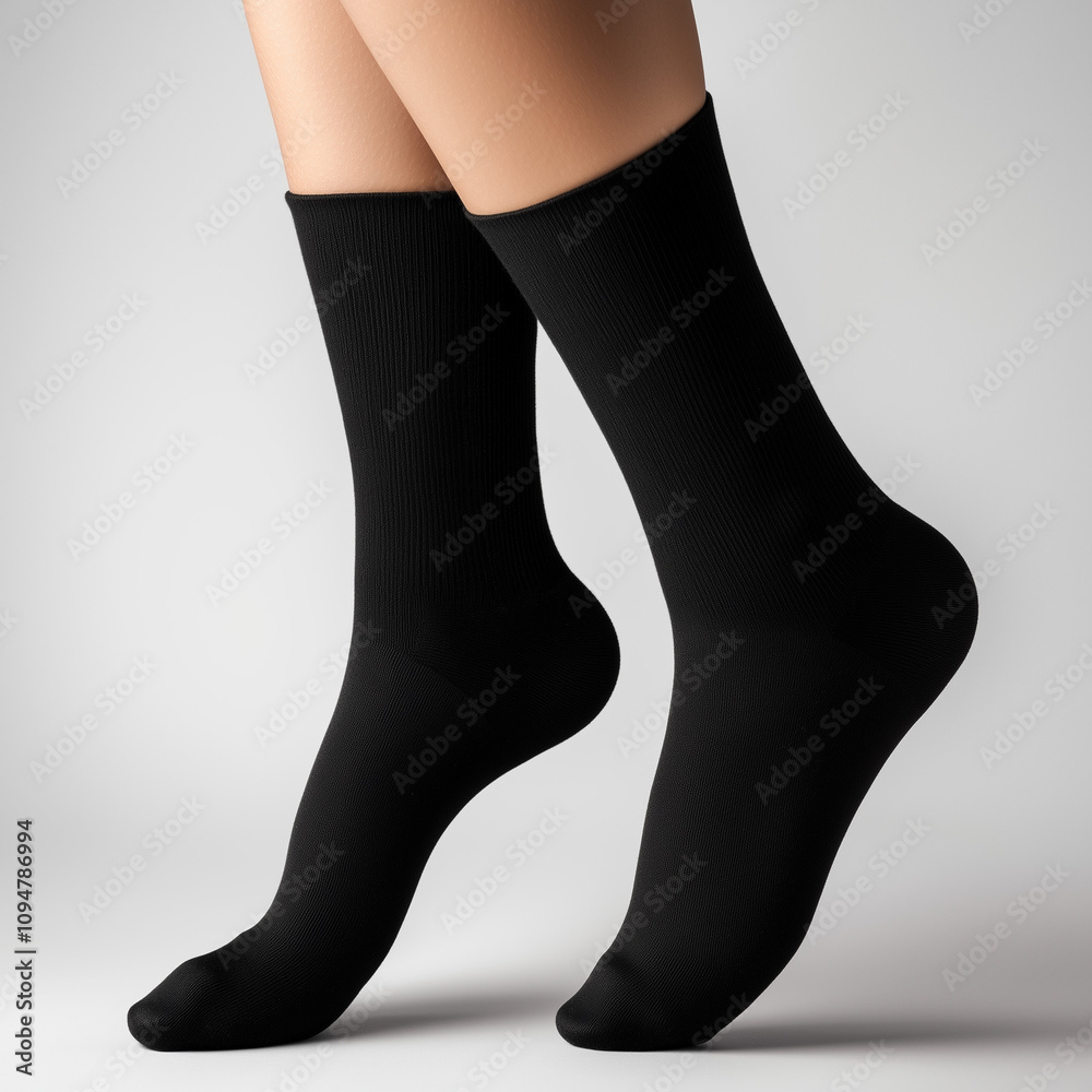 Mockup of plain black cotton socks worn by model's feet, white ...