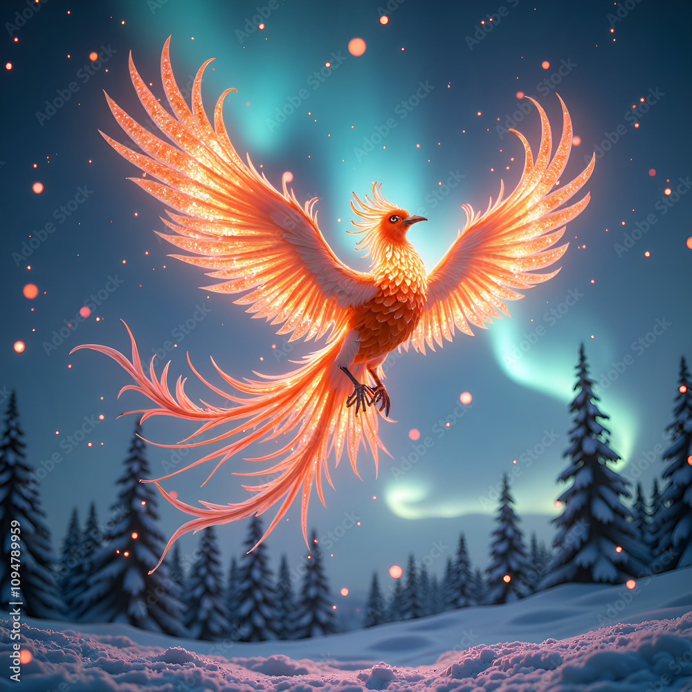 Luminous phoenix ascending amidst frozen wilderness under auroras ...