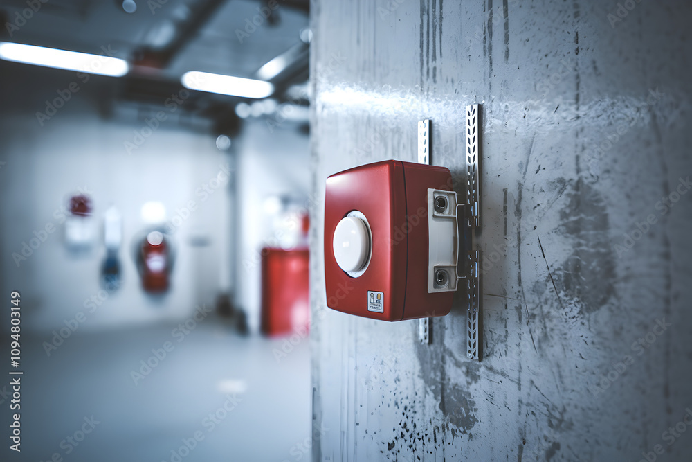 Fire alarm evacuation installation concept. A red fire alarm box ...