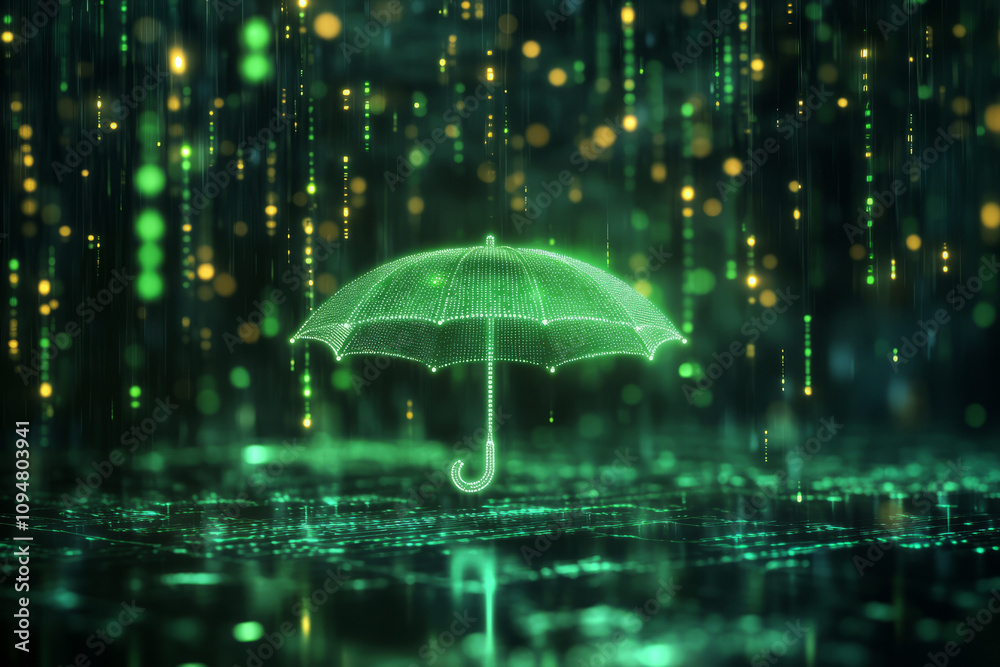 Glowing green umbrella representing data protection in a futuristic IT ...