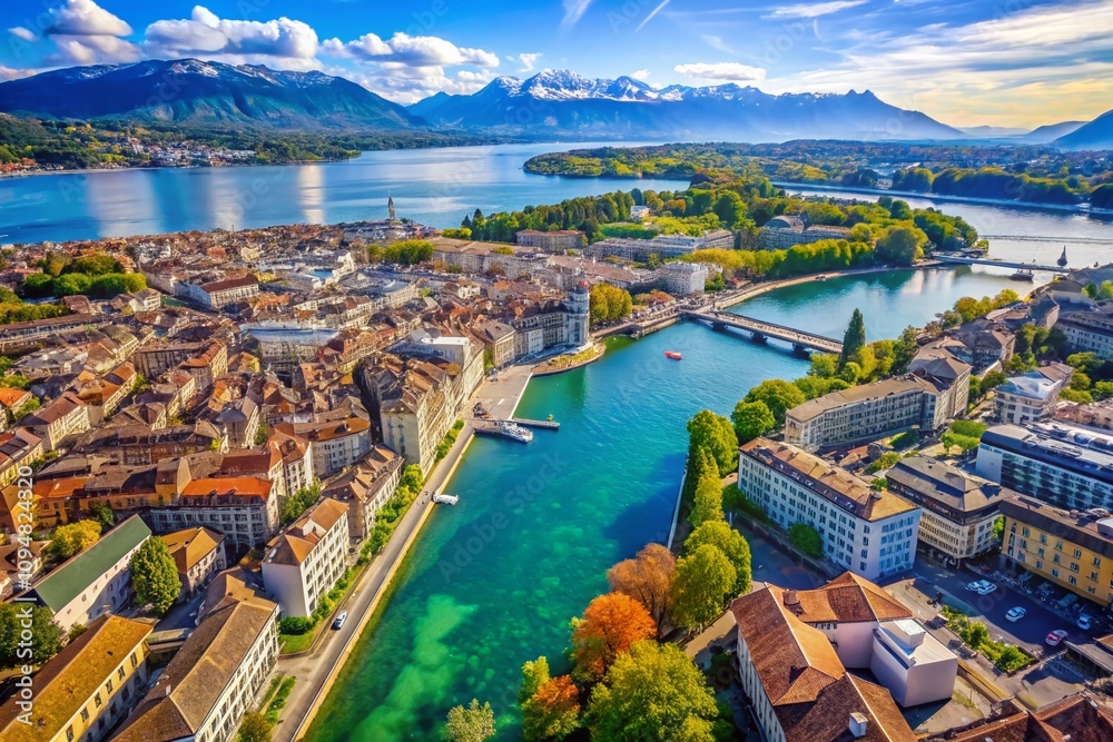 Aerial View of Geneva Highlighting Key Locations and Landmarks on a ...