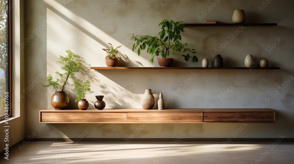 Stylish wood floating shelf on stucco wall, creating a sleek and ...
