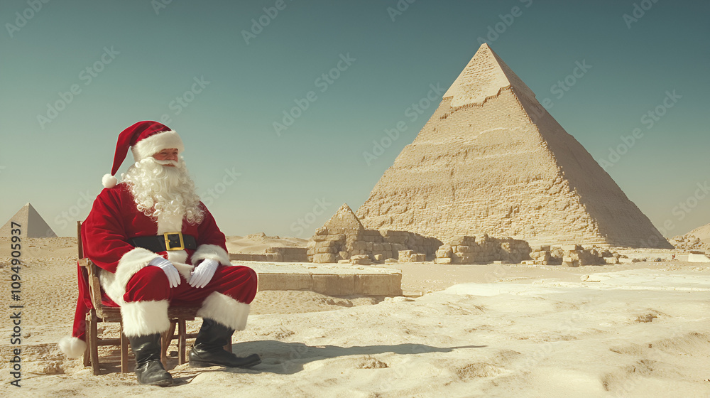 Santa Claus in red suit sitting near the ancient pyramids in Egypt ...