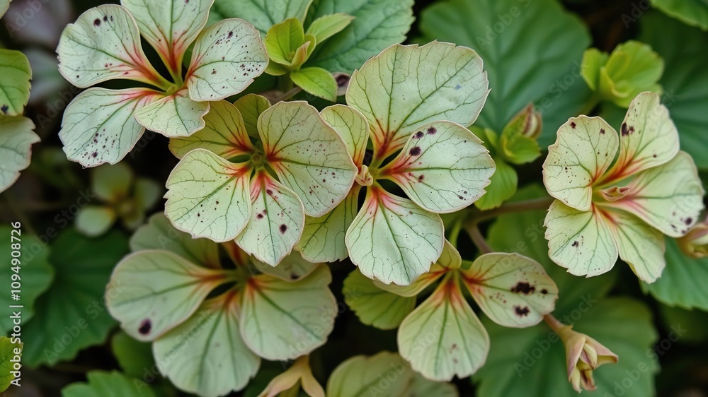 Affected geranium plant with brownish-gray spots and black lesions on ...