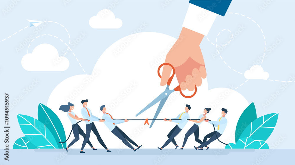 Use scissors to cut the ropes of two teams tug of war on the cliff ...