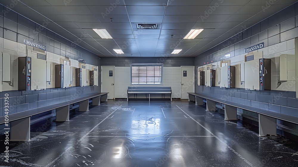 A modern locker room with benches, lockers, and a large window ...