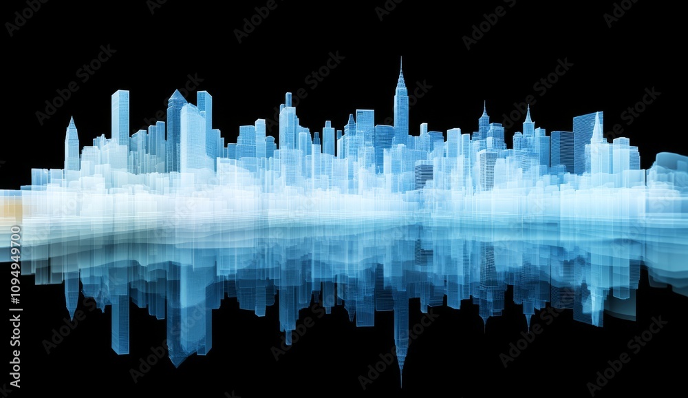 Simplified city skyline with buildings in monochrome blue and white ...