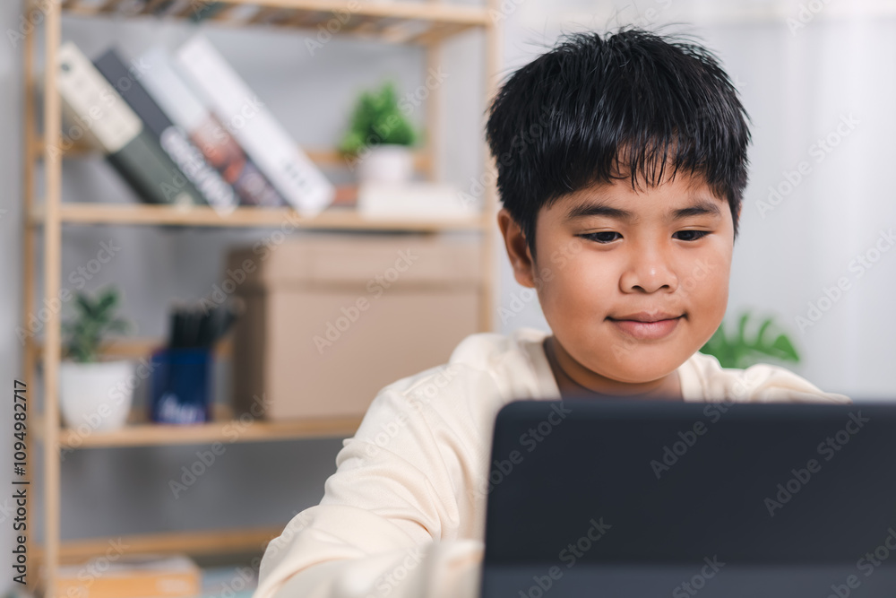 Asian boy student using tablet learning, Educational of tech concept ...