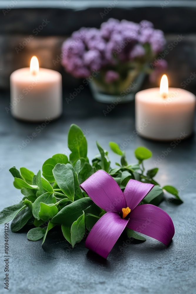 Hojas verdes decoradas con un lazo violeta, acompañadas de velas ...