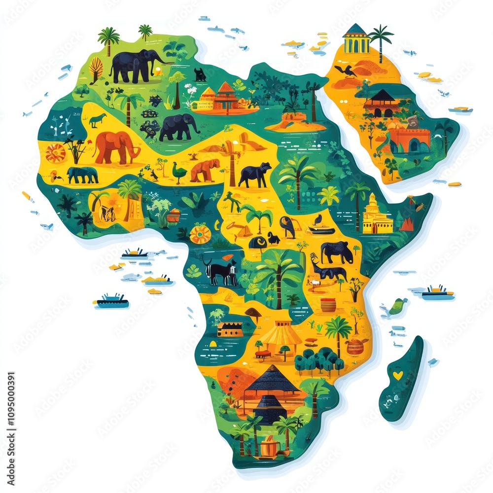 Illustration Stock Illustrated Map of Africa Showing Wildlife and ...