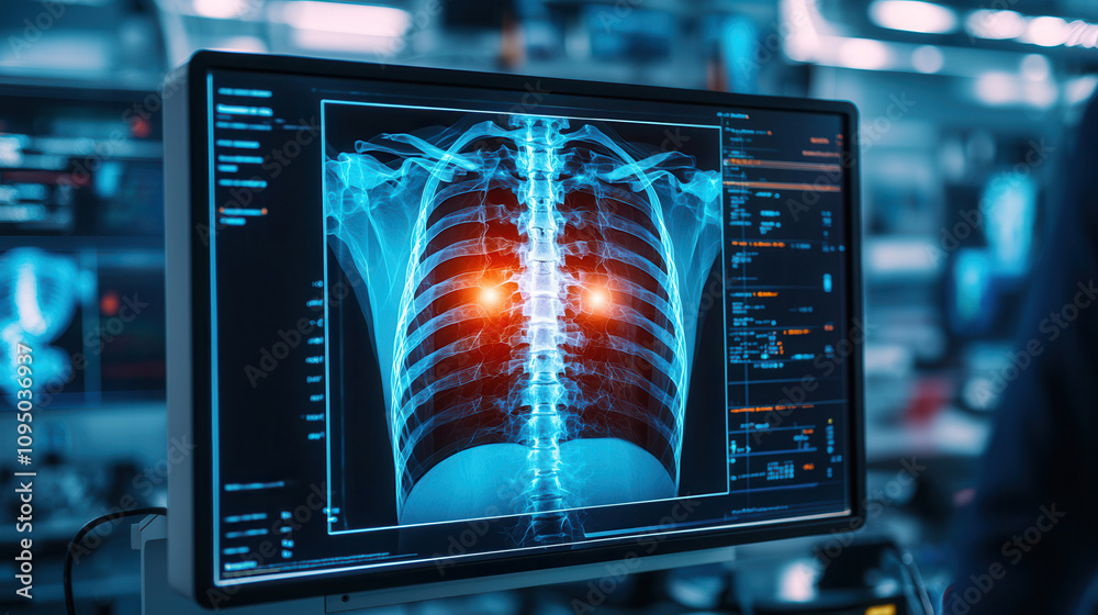 Artificial intelligence in medical detection. X ray image of human ribs ...