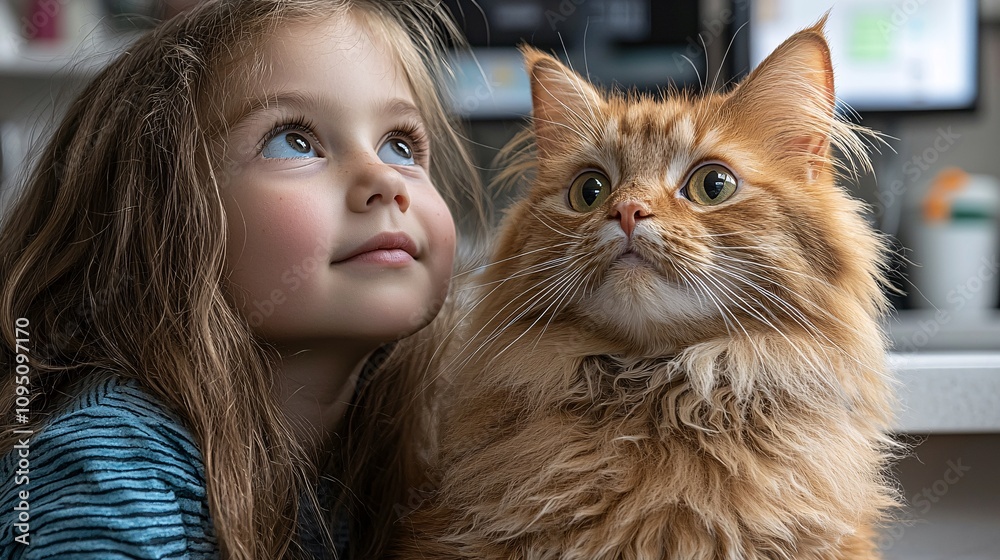 Little girl sitting beside her cat as the vet explains the diagnostic ...
