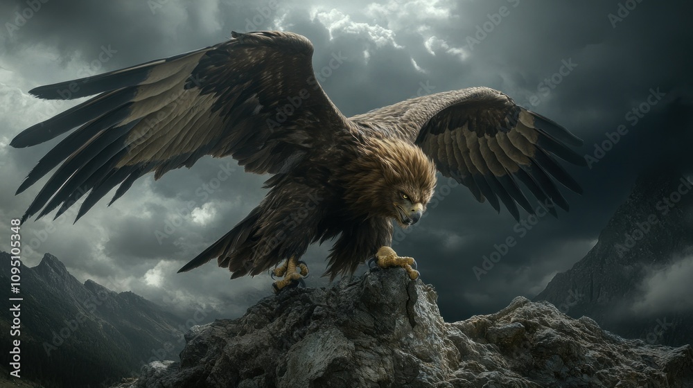 Big eagle bird with wide wings on high mountain rock background ...