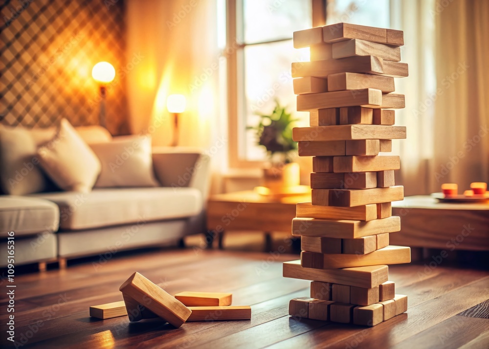 Vintage Style Photography of a Jenga Tower on the Brink of Collapse ...