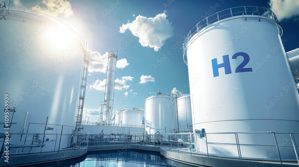White H2 storage tanks at a hydrogen production plant under a bright ...