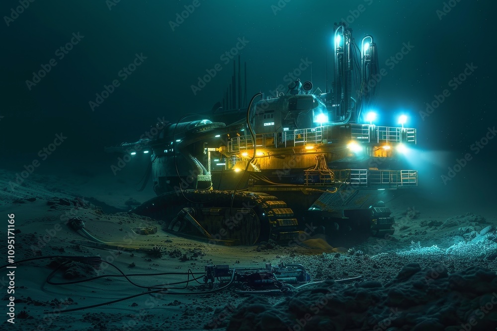 Foto de Stock An alien-like automated mining station rests on the ocean ...