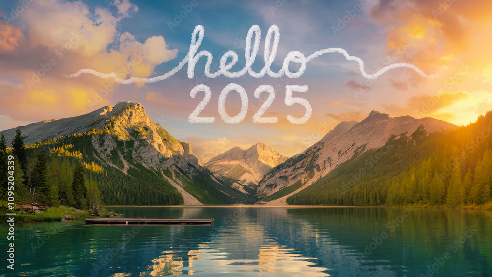 Welcome 2025. A serene mountain landscape with a tranquil sunrise. In ...