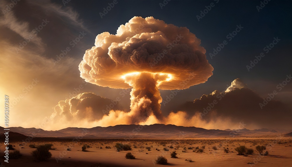 Giant and tall nuclear atomic bomb cloud fire flames glowing at the ...