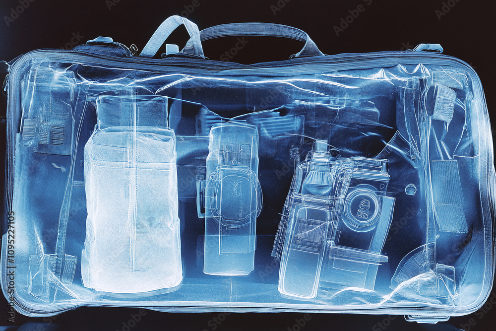Security screening x-ray image showing prohibited items in carry-on bag ...