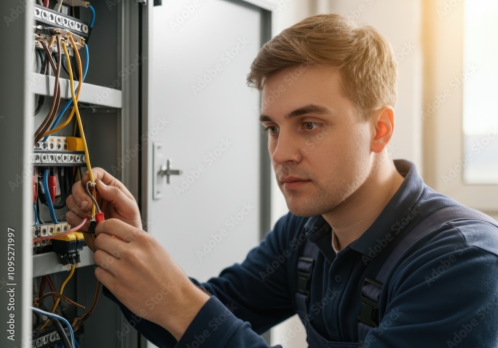 Electrician connecting cables in fuse box: concentrated electrician ...