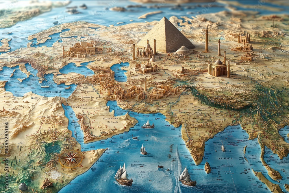 Ancient World Map Showing Historical Cities and Landmarks Stock ...