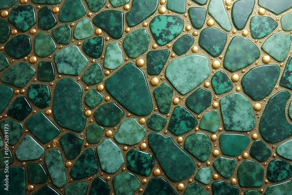 Patterned green stone mosaic with gold accents, creating a natural and ...