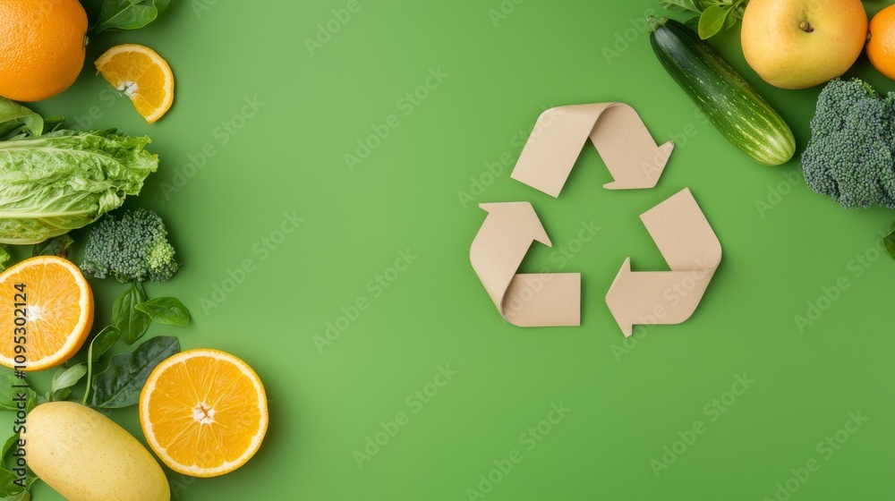 Fresh fruits and vegetables are displayed around a bright recycling ...