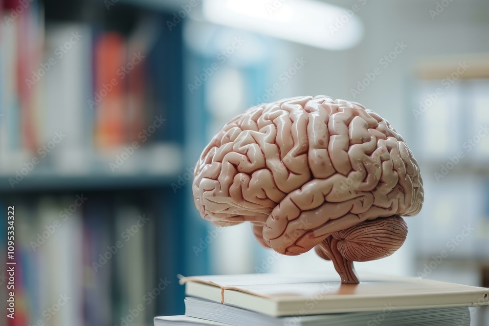 Plastic anatomical brain model resting on stack of books in library ...