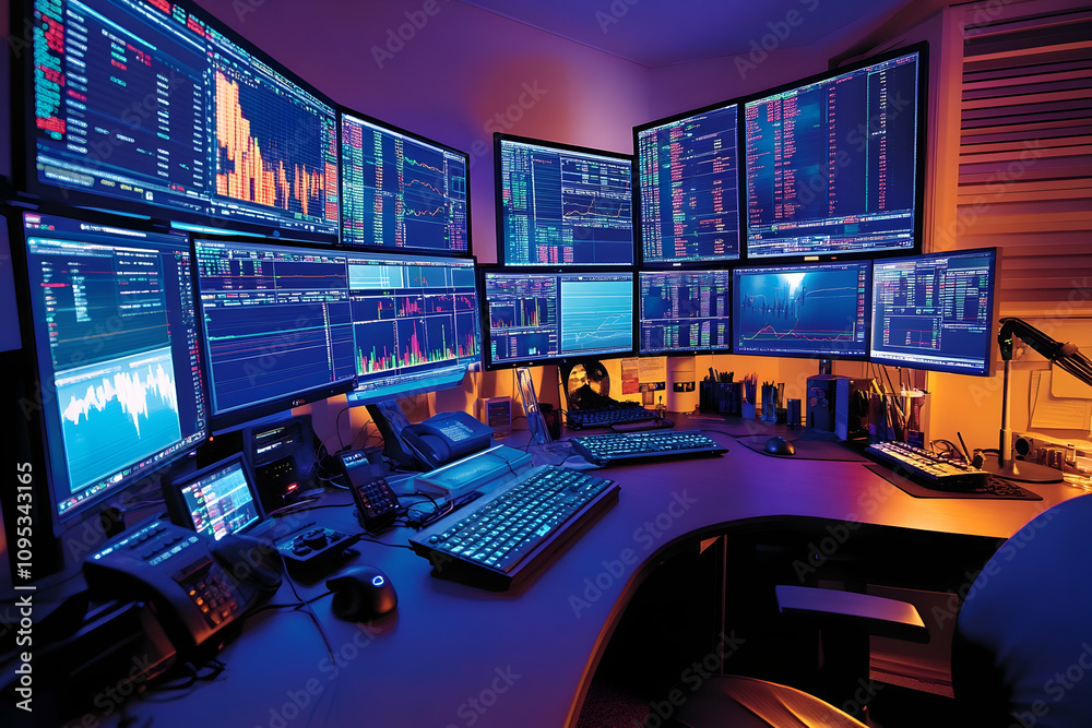 Tech-savvy trading desk with multiple monitors displaying stock data ...