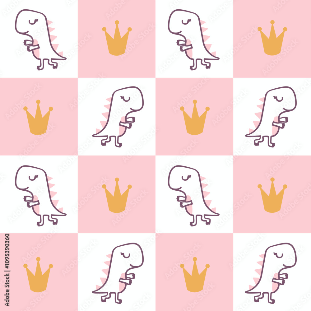 Square Dinosaurs and crown pattern. Cute pink princess background ...