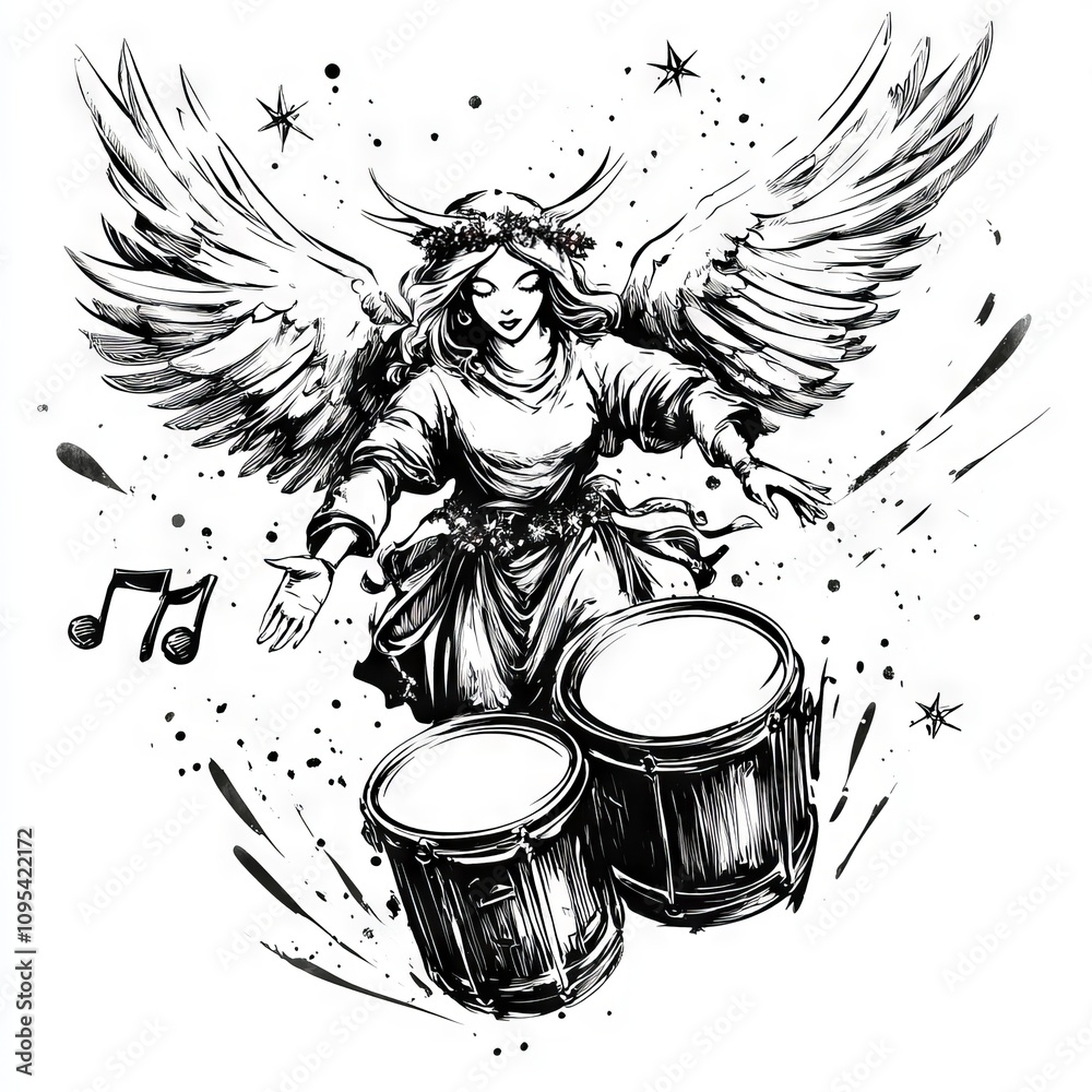 vector comic style sketch of Christmas Angel flying with drum, rough ...