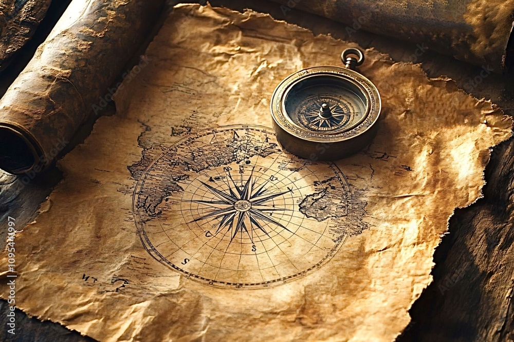 Antique compass lying on an old world map showing a compass rose, with ...