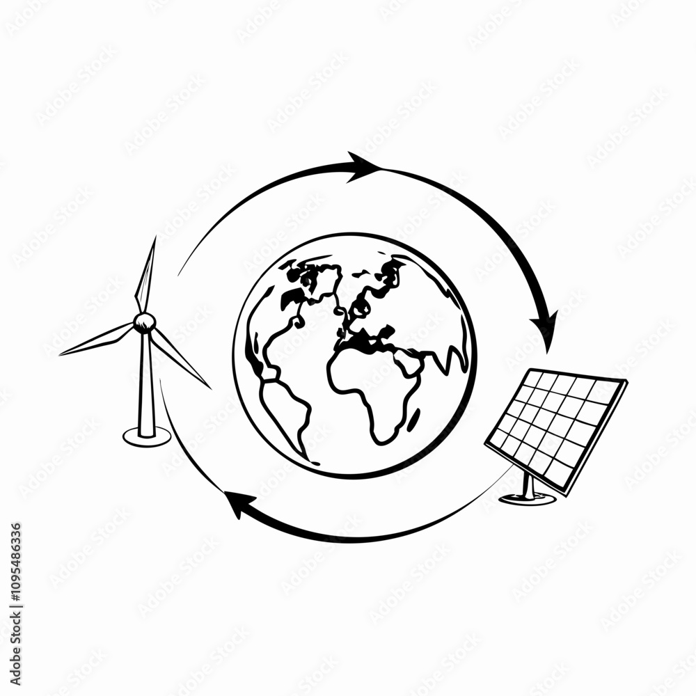 Black and white illustration of Earth with solar panel and wind turbine ...